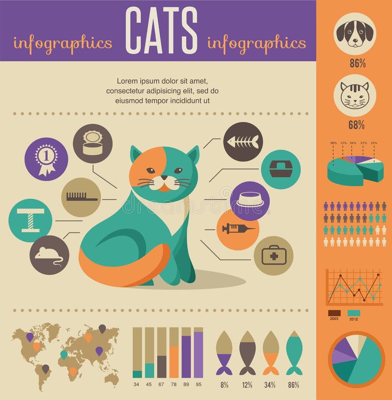 Cat Infographics with Vector Icons Set Stock Vector - Illustration of ...