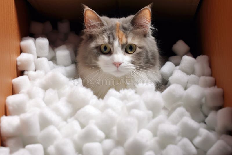 Cat Inside a Box Surrounded by Packing Peanuts Stock Illustration ...