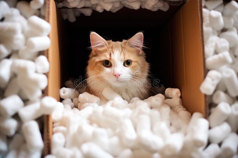 Cat Inside a Box Surrounded by Packing Peanuts Stock Illustration ...