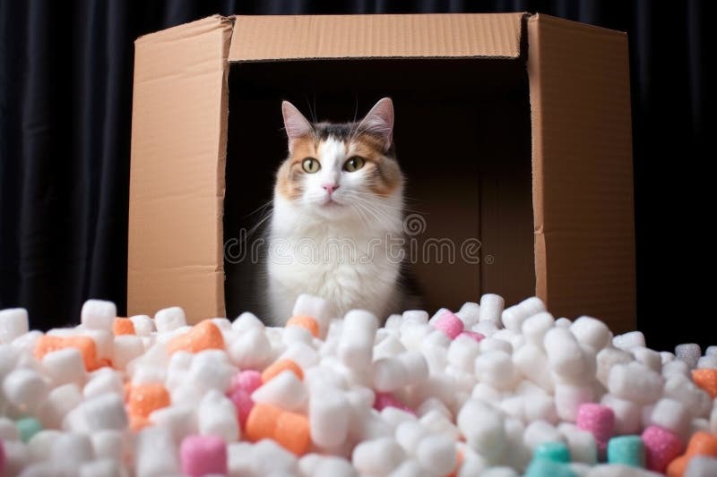 Cat Inside a Box Surrounded by Packing Peanuts Stock Illustration ...