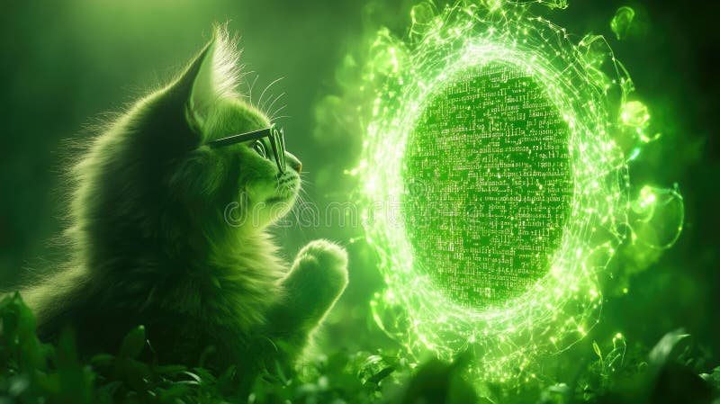 Cat Interacting with Futuristic Digital Interface in a Lush Green ...