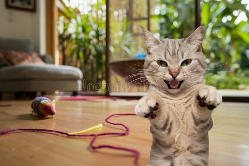 A Cat with Its Paws Up on a Wooden Floor, AI Stock Photo - Image of ...