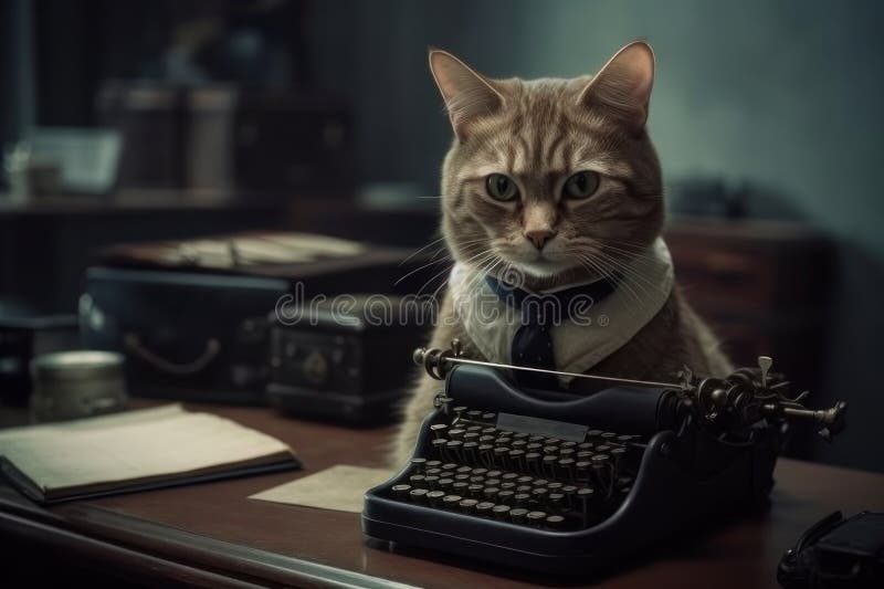 A Cat in a Jacket Sits at a Table in the Office with a Typewriter. AI ...