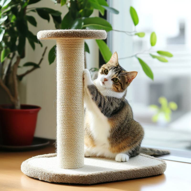 Cat Joyfully Using Scratching Post in a Sunlit Home Environment Stock ...