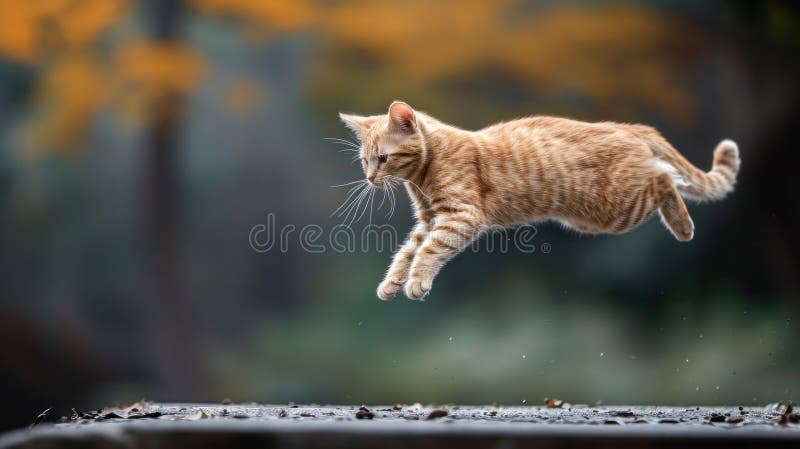 A Cat Jumping in the Air Over a Wooden Table, AI Stock Photo - Image of ...