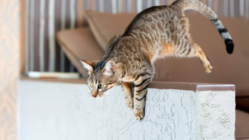 A Cat Jumping Off a Ledge Onto the Couch in Front of it, AI Stock Photo ...