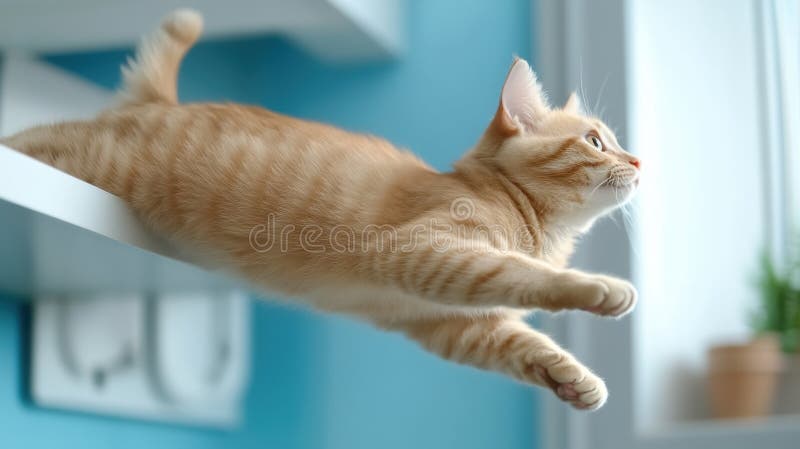 A Cat is Jumping Off a Shelf in the Room, AI Stock Photo - Image of ...