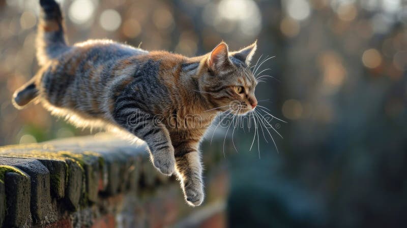 A Cat Jumping Over a Brick Wall in the Sunlight, AI Stock Photo - Image ...
