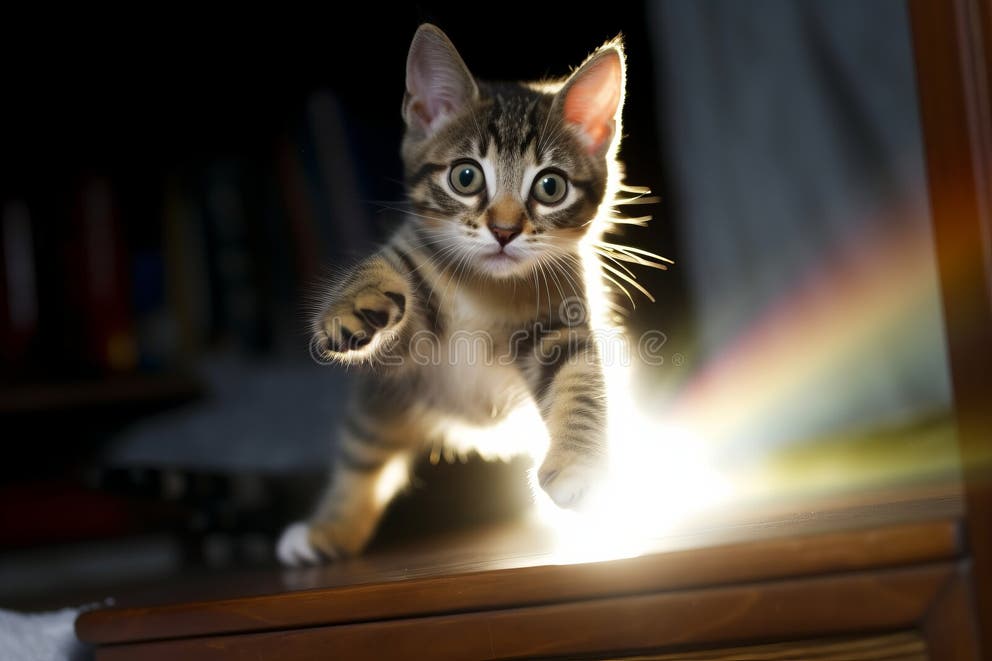 A Cat Jumping on Top of a Table with a Light Shining on it Stock Image ...