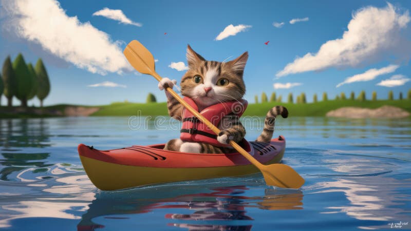 A Cat in a Kayak with Life Jacket Paddling on Water, AI Stock ...