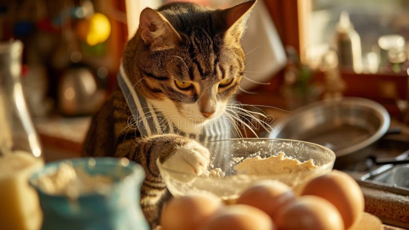 A Cat in a Kitchen with Eggs and Flour on the Counter, AI Stock Image ...