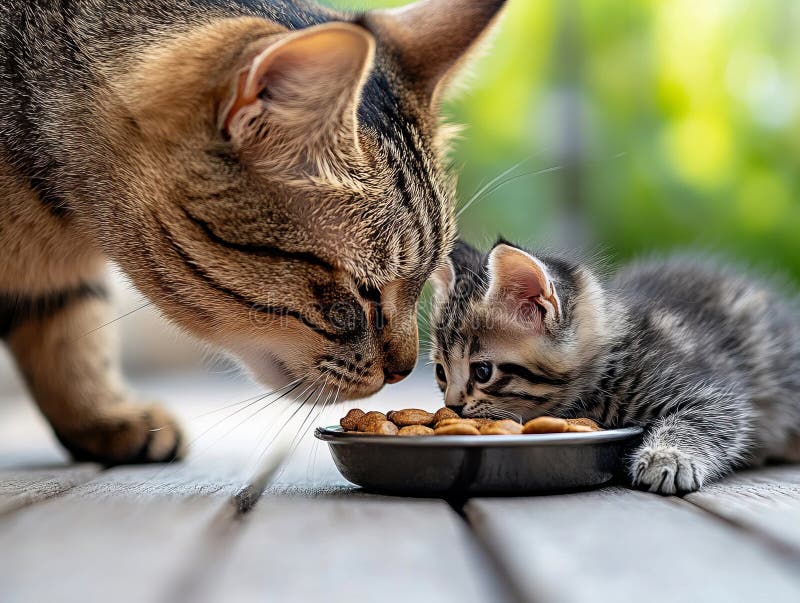 A Cat and a Kitten Eating Food Out of a Bowl Stock Image - Image of ...