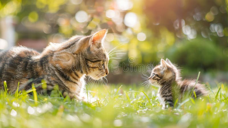 Cat and Kitten in Grass stock photo. Image of felines - 321025894