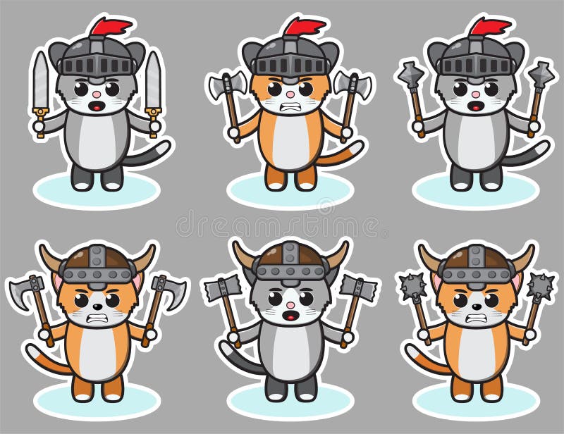 Vector Illustration of Cute Cat Knight Cartoon with Dual Weapon. Stock ...