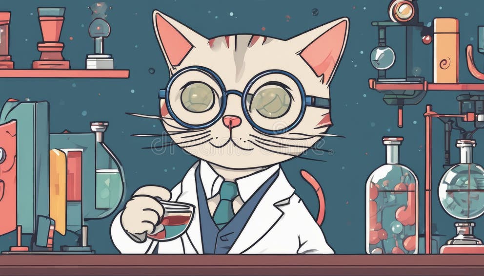A Cat in a Lab Coat and Glasses Stock Illustration - Illustration of ...