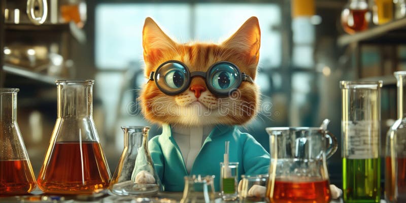 Cat in Lab Coat and Glasses Conducting Experiments in a Colorful ...