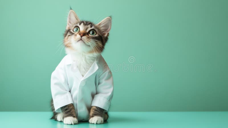Cat in a Lab Coat Looking Up Curiously Stock Photo - Image of backdrop ...