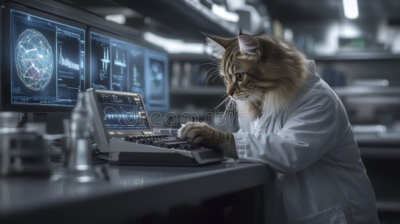 Cat in Lab Coat Typing on Computer High-tech Laboratory Digital Art ...