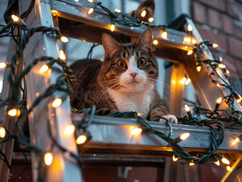 Cat on Ladder Surrounded by Glowing String Lights Stock Illustration ...