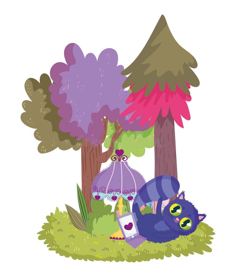 Cat Lamp Phone Foliage Grass Trees Cartoon Stock Vector - Illustration ...