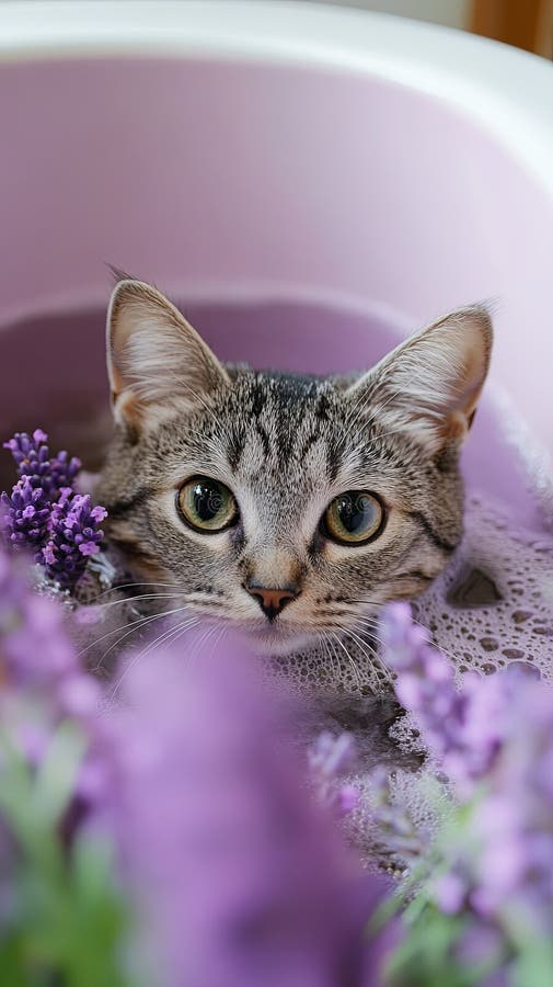 Cat in Lavender Tub with Sound. Stock Photo - Image of sound, looking: 387566574