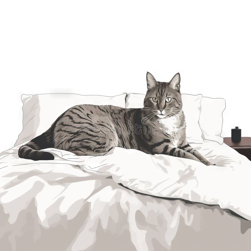 A Cat Laying on a Bed with a White Comforter Stock Illustration ...