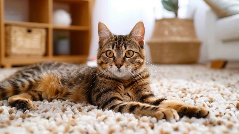 A Cat Laying on the Carpet in a Living Room Stock Photo - Image of ...