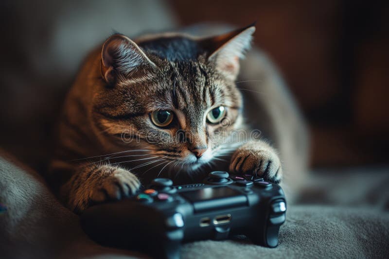 A Cat is Laying on a Couch with a Video Game Controller in Its Paws ...