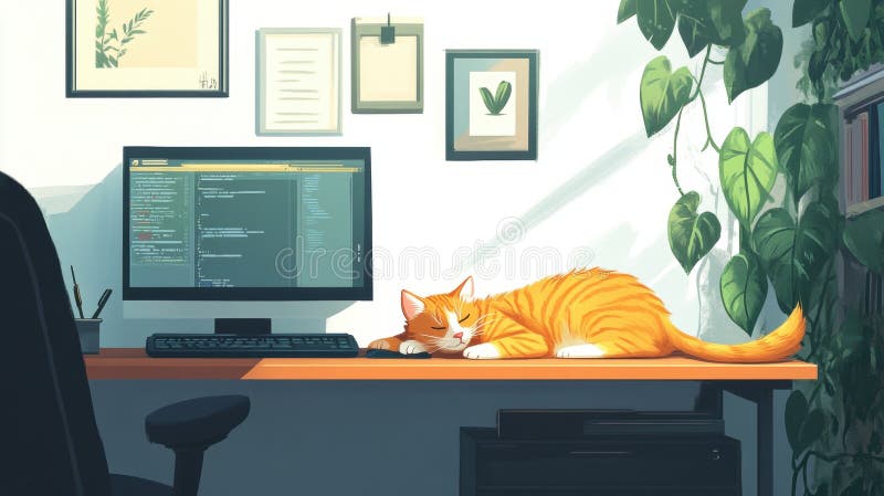 A Cat Laying on a Desk Next To a Computer Stock Illustration ...