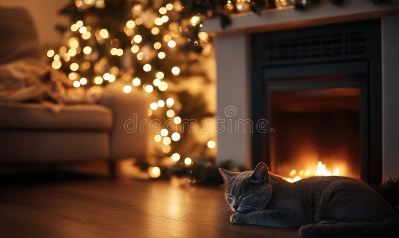 A Cat is Laying on the Floor in Front of a Fireplace Stock Image ...