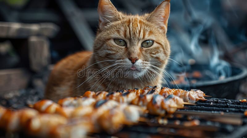 A Cat is Laying on a Grill with Meat on it. Stock Photo - Image of ...