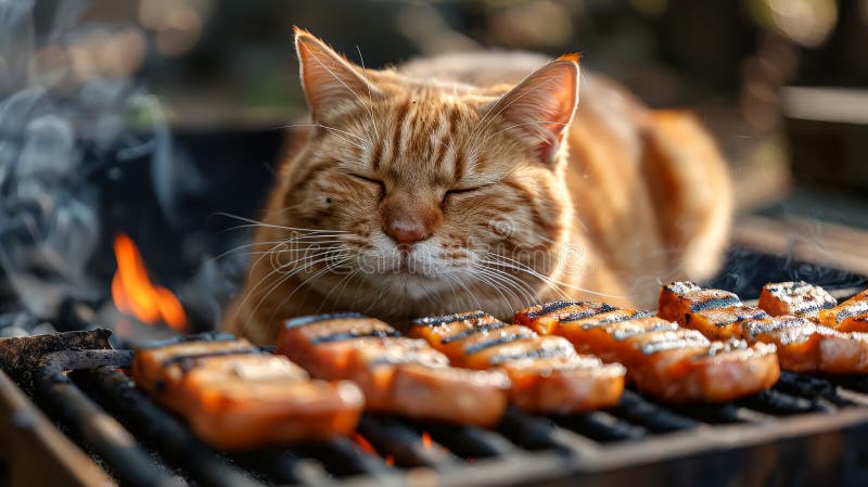 A Cat is Laying on a Grill with Meat on it Stock Photo - Image of furry ...