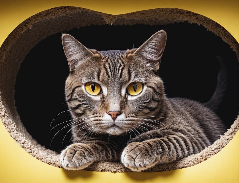 A Cat is Laying in a Hole in a Yellow Box Stock Image - Image of funny ...