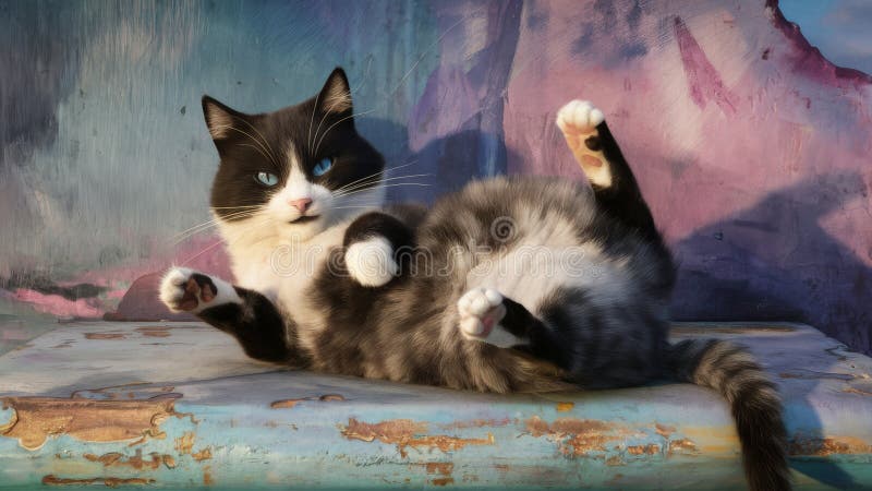 A Cat Laying on Its Back with Paws in the Air, AI Stock Image - Image ...