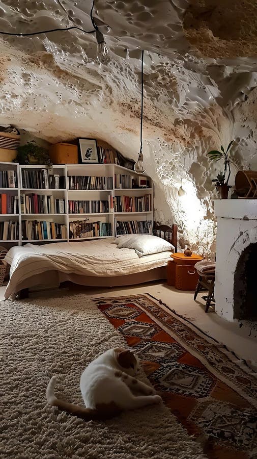 A Cat is Laying on a Rug in a Cave Stock Image - Image of bedroom ...