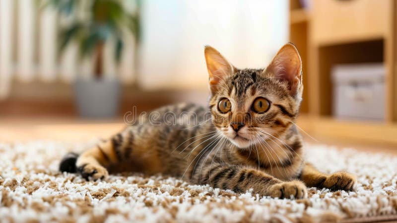 A Cat Laying on a Rug in a Room Stock Image - Image of medium, laying ...