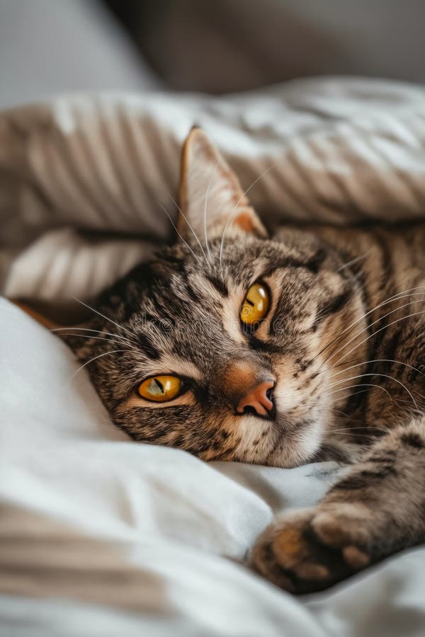 A Cat Laying on Top of a Bed Covered in White Sheets. Generative AI ...