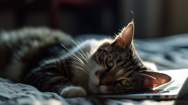 A Cat Laying on Top of a Laptop Computer. Perfect for Showcasing a Cozy ...