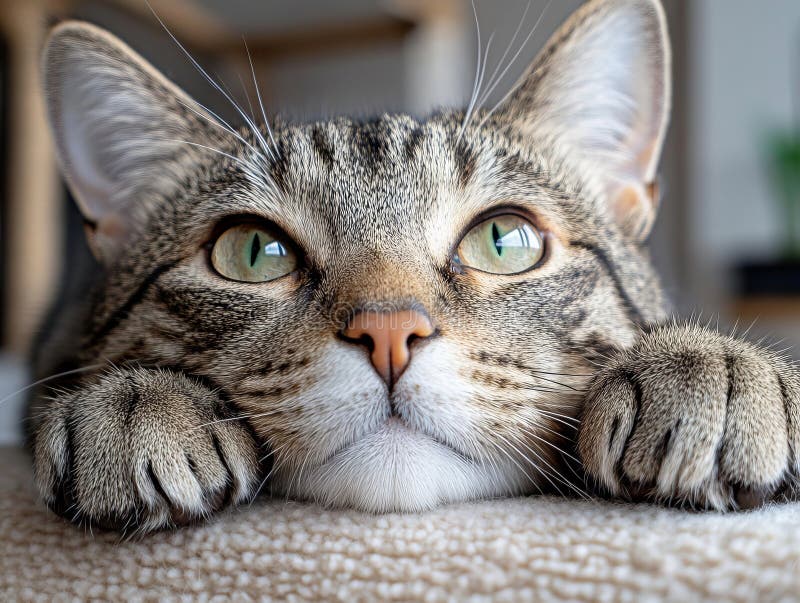 A Cat Laying on Top of a Scratching Post with Its Paws on the Floor ...