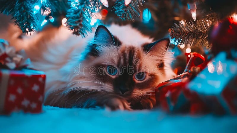 A Cat Laying Under a Christmas Tree with Presents Under it Stock Photo ...
