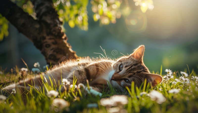 Cat Laying Under the Tree. AI Generated. Stock Illustration ...