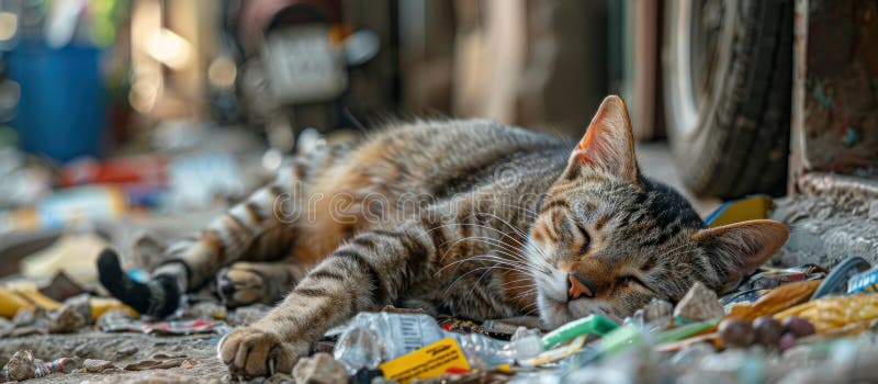 Cat Resting on Garbage Pile Stock Image - Image of food, relaxation ...