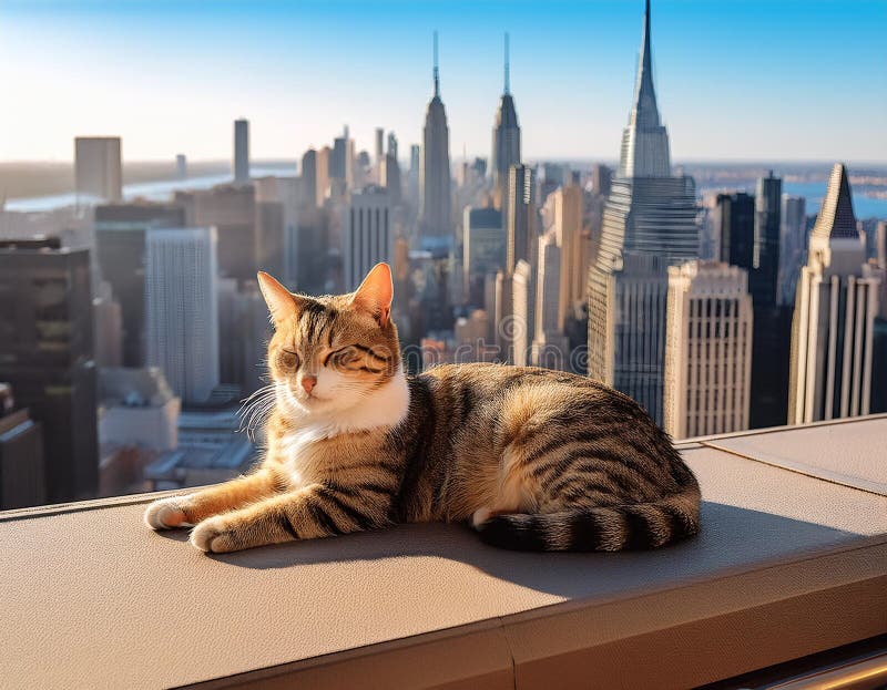 A Cat Lazing on a Sunny Ledge of an Art Deco Skyscraper Overlooking a ...
