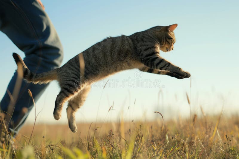 Cat Leaping with Person in Midair Joy Stock Photo - Image of happiness ...
