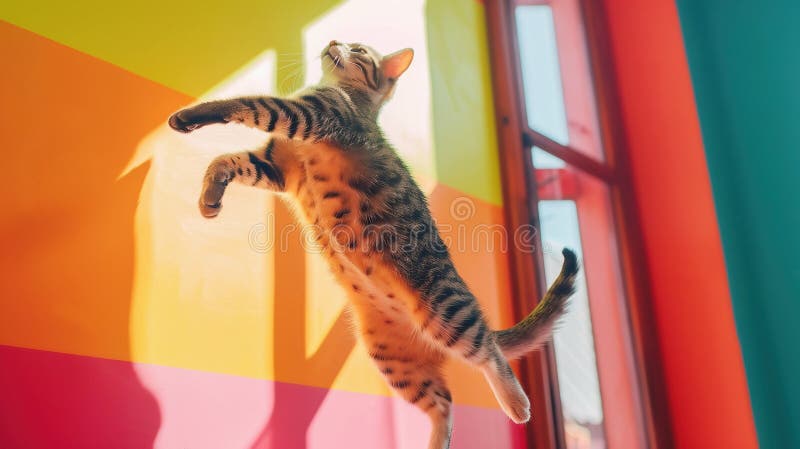 A Cat Leaping Playfully in a Bright, Colorful Room Stock Image - Image ...