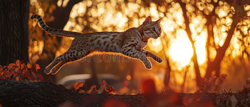 A Cat Leaping Towards a Tree As Sun Rays Filter through Its Foliage ...