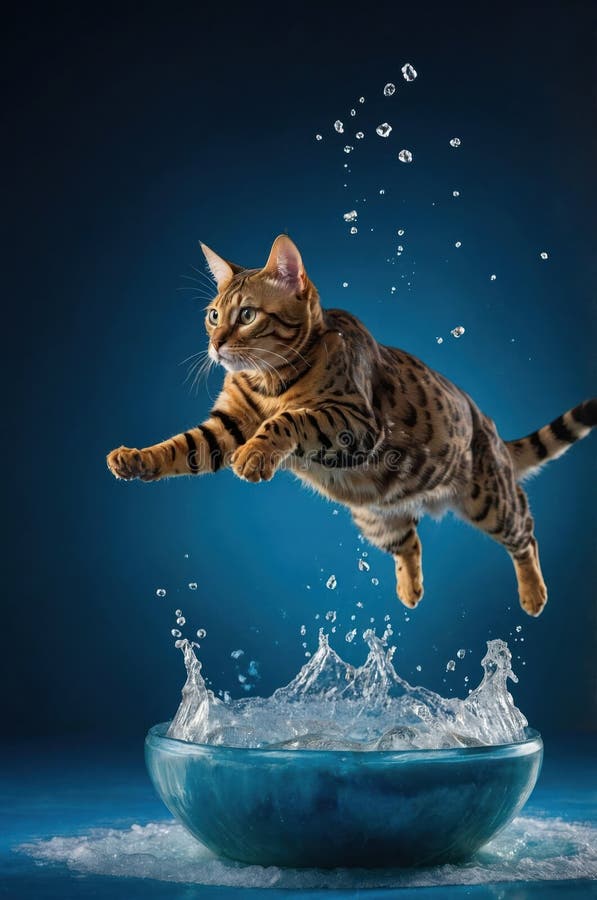 Bengal Cat Leaping into Water, Splashing Fun Stock Illustration ...