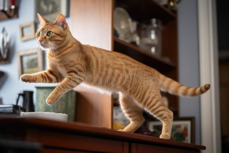 Cat Leaps from Counter To Floor, Landing in Graceful Pose Stock ...