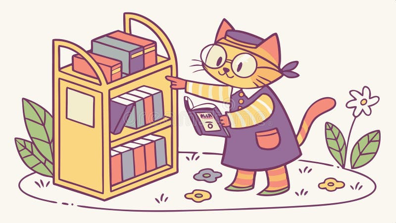 Cat Librarian Carrying Stack of Books for Library and Knowledge Theme ...
