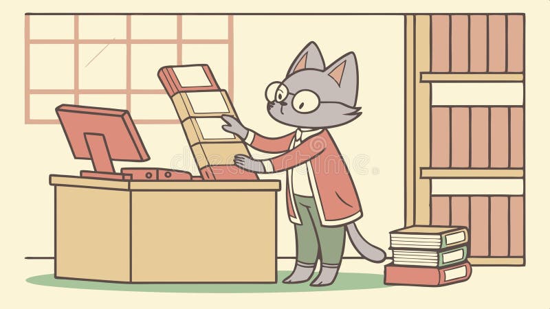 Cat Librarian Pointing at Bookshelf in Library for Reading Promotion ...